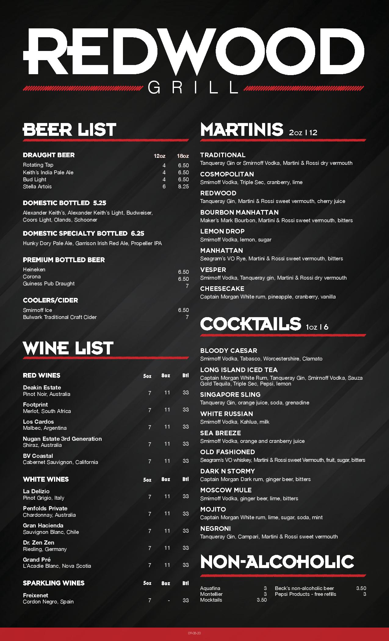 Bar Menu Redwood Grill